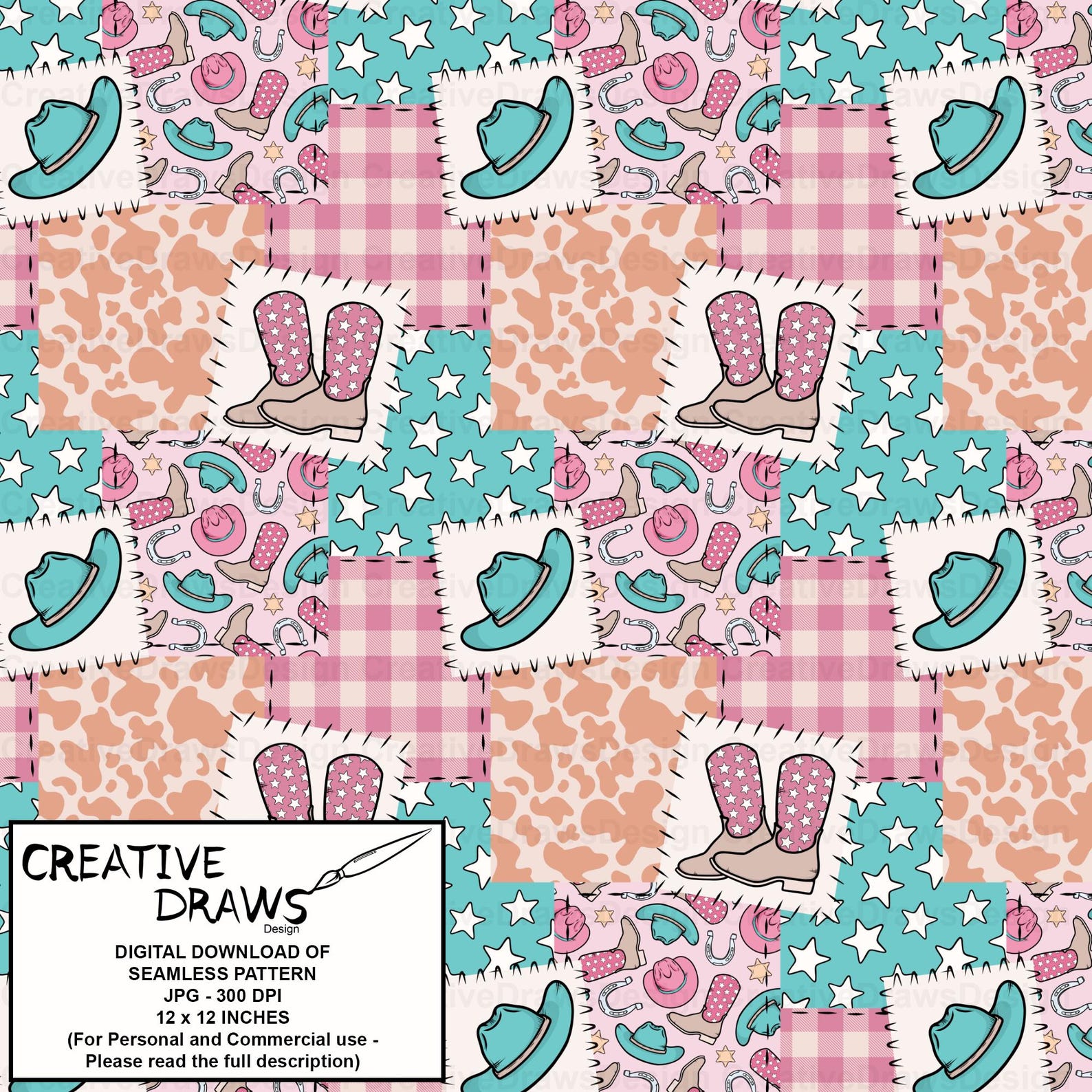 Pink Western Patchwork Seamless Pattern, Digital Repeat Pattern for ...