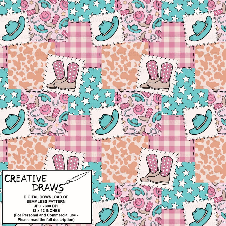 Pink Western Patchwork Seamless Pattern, Digital Repeat Pattern for ...