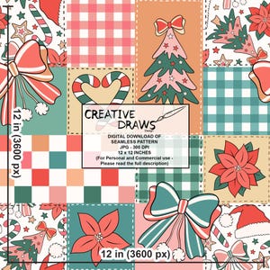 Christmas Bow Patchwork Seamless Pattern, Repeat Digital Paper Pattern ...