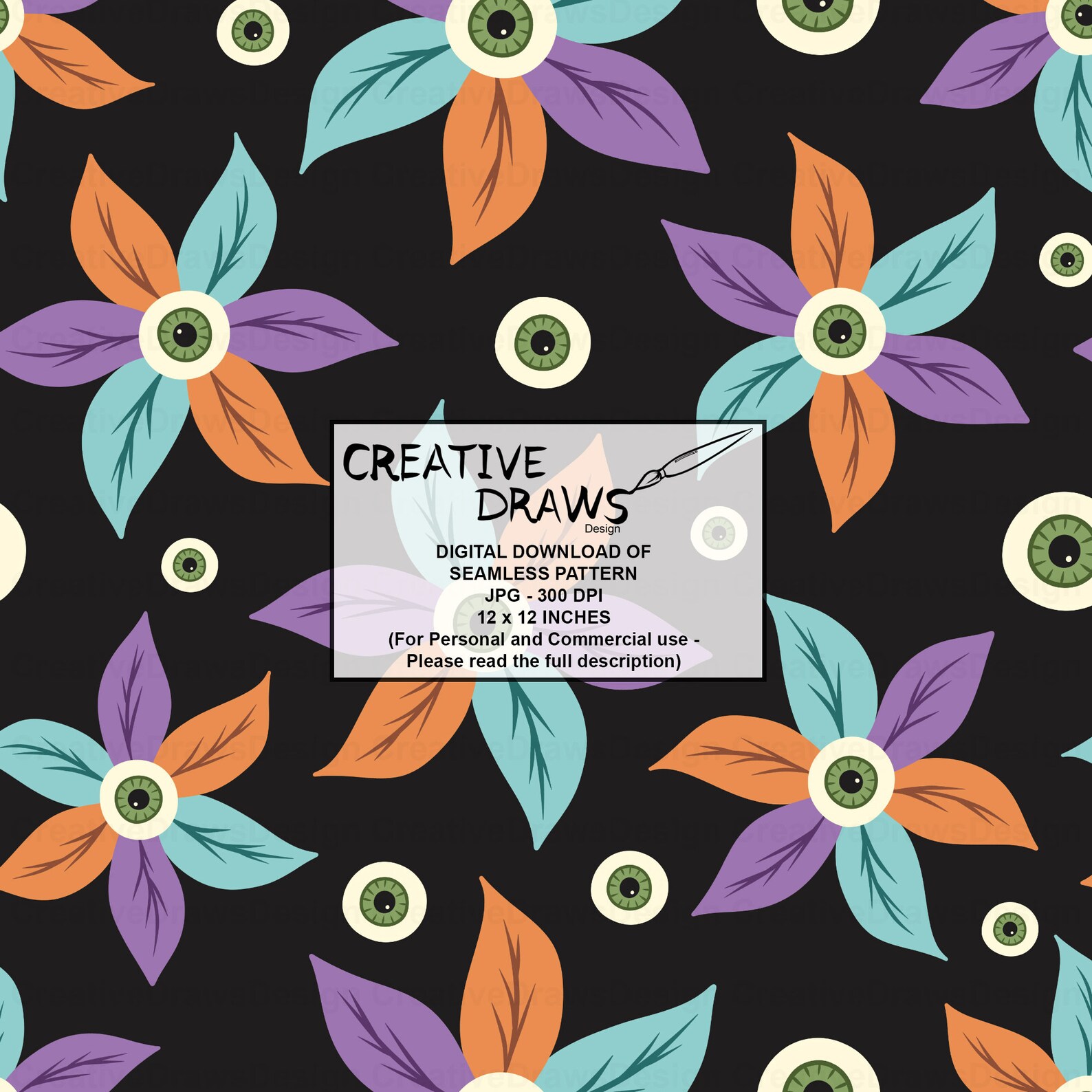 Evil Eye Flower Seamless Pattern, Halloween Digital Repeat Pattern for ...