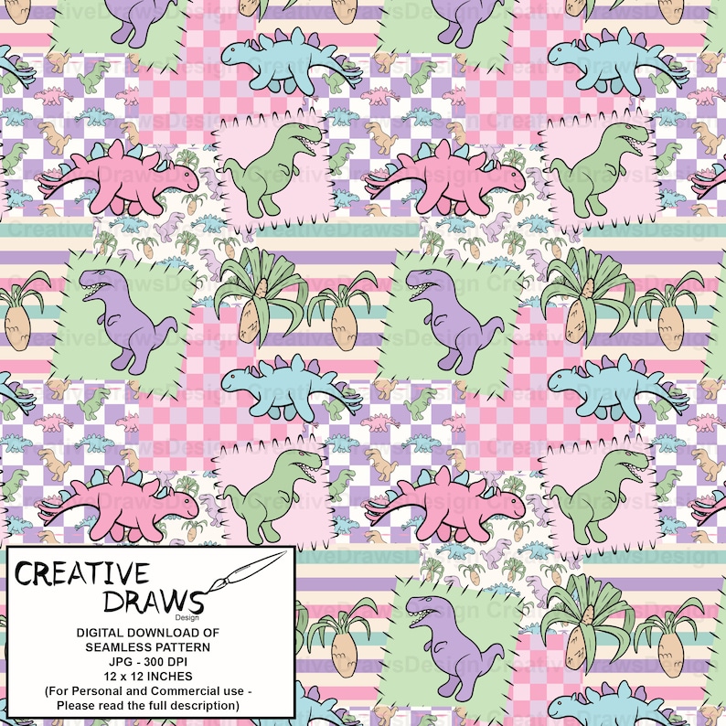 Dinosaur Patchwork Seamless Pattern, Repeat Digital Paper Pattern for ...