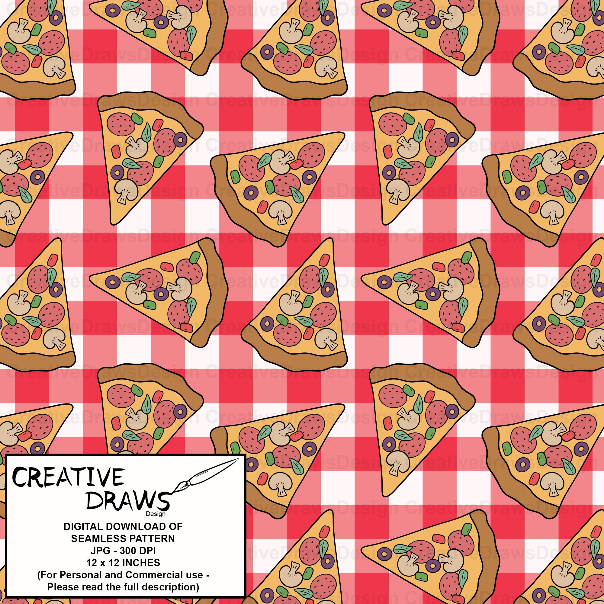 Pizza Slice Gingham Seamless Pattern, Digital Repeat Pattern for ...