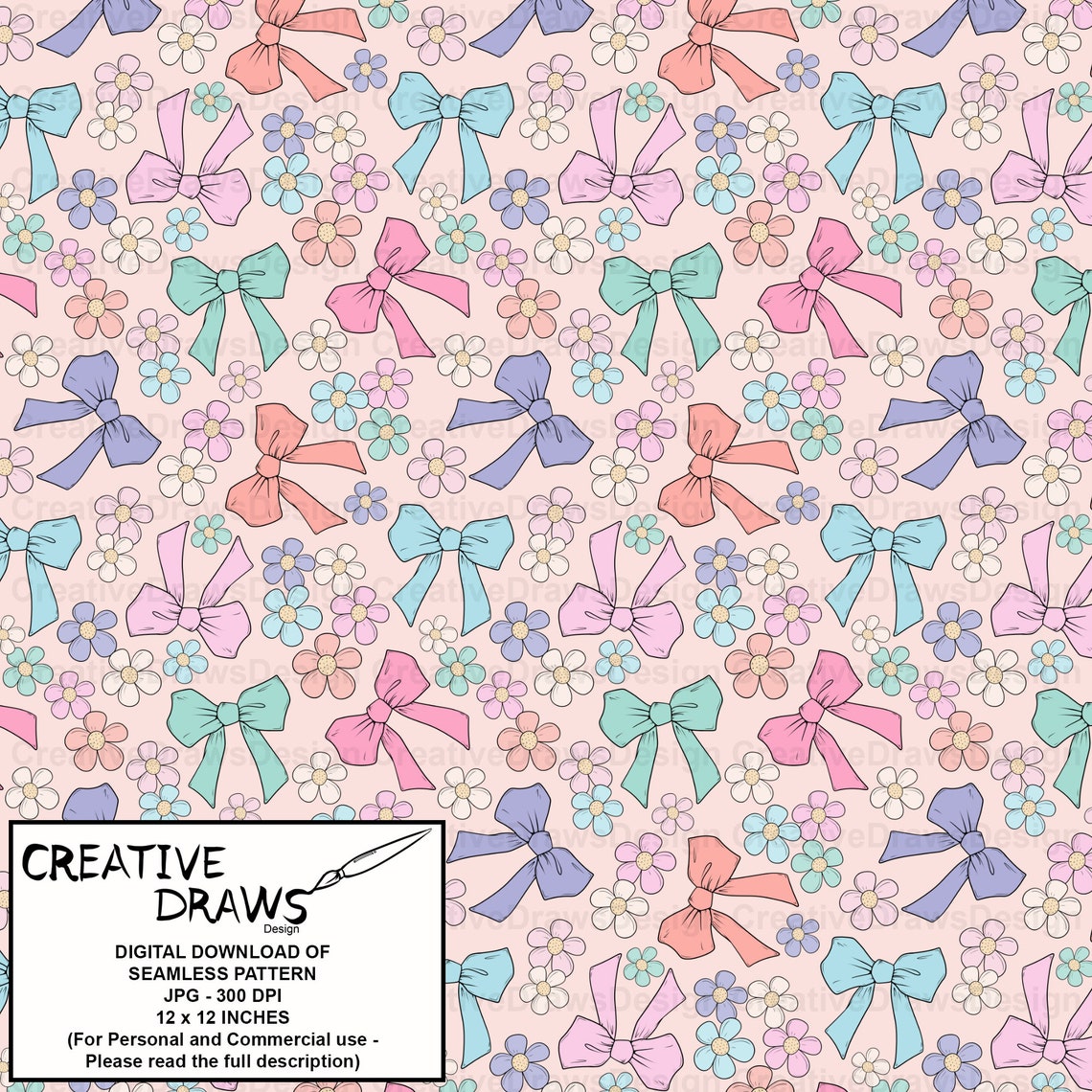 Floral Bow Seamless Pattern, Pastel Coquette Repeat Digital Paper ...