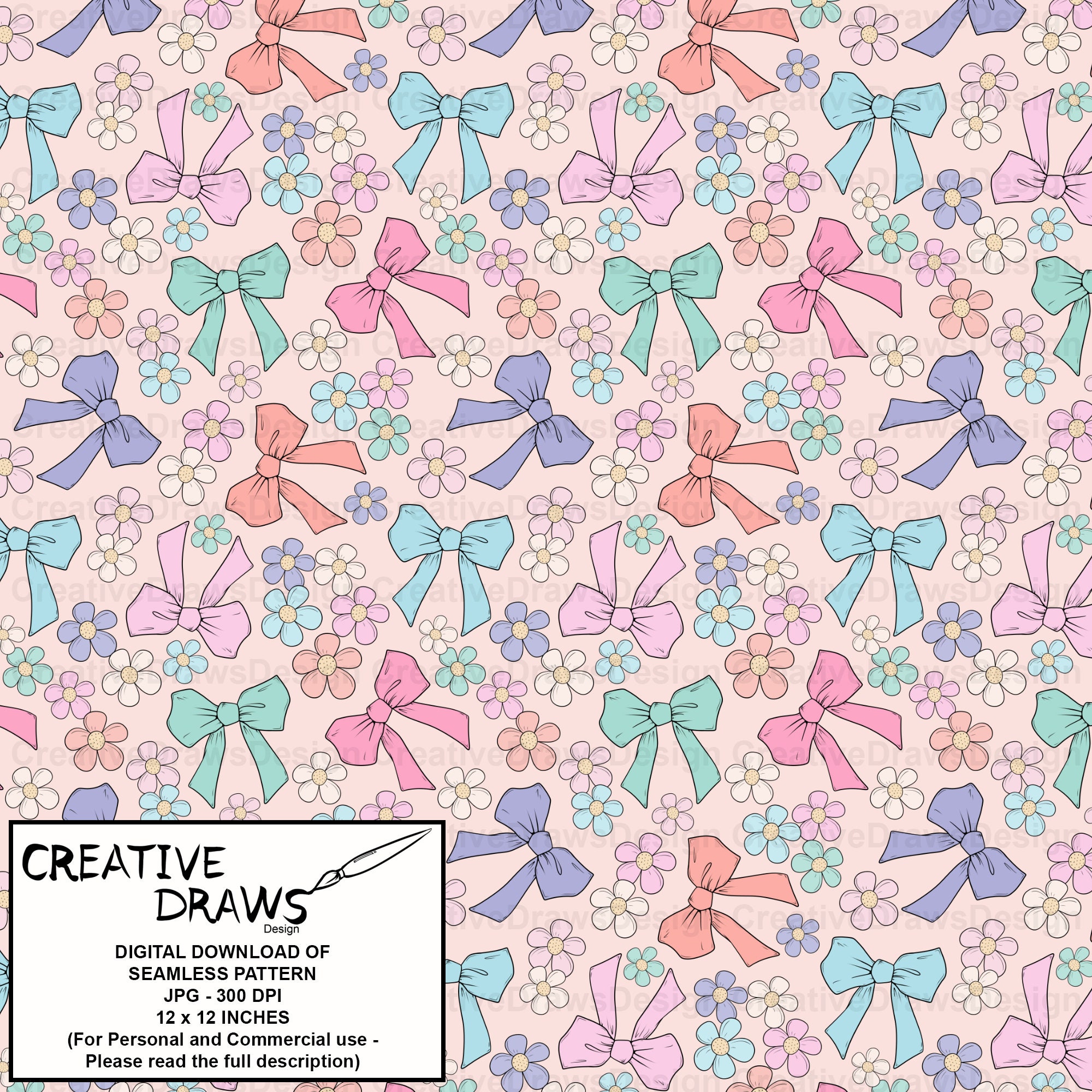 Floral Bow Seamless Pattern, Pastel Coquette Repeat Digital Paper ...