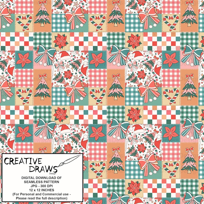 Christmas Bow Patchwork Seamless Pattern, Repeat Digital Paper Pattern ...