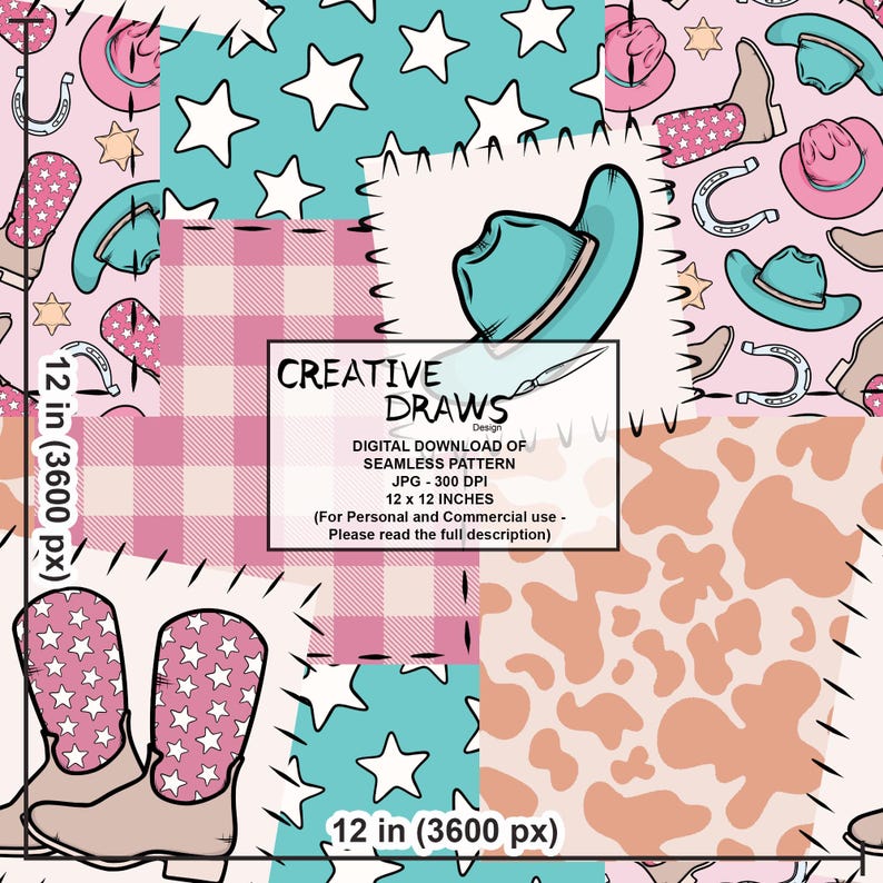 Pink Western Patchwork Seamless Pattern, Digital Repeat Pattern for ...