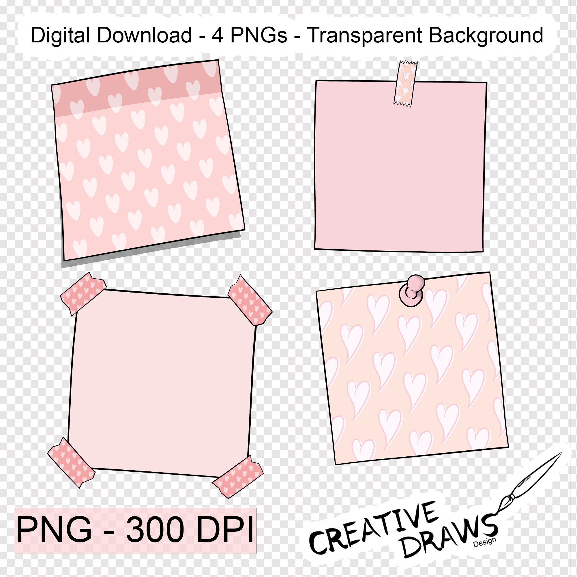 Pink Hearts Sticky Note PNG Digital Files for Personal and Commercial ...