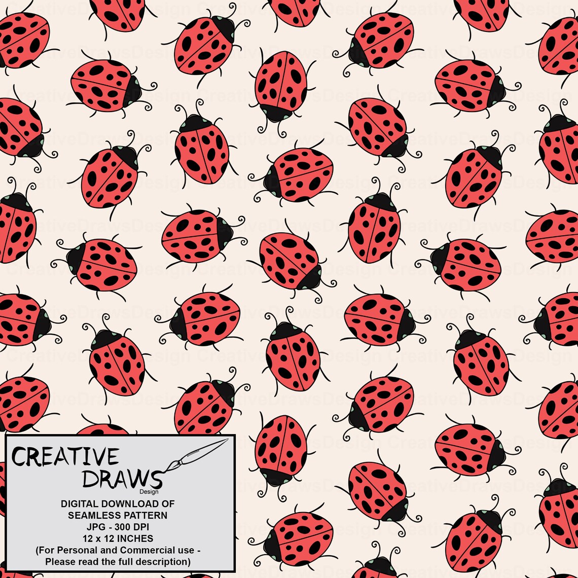 Ladybug Seamless Pattern, Digital Repeat Pattern for Personal and ...