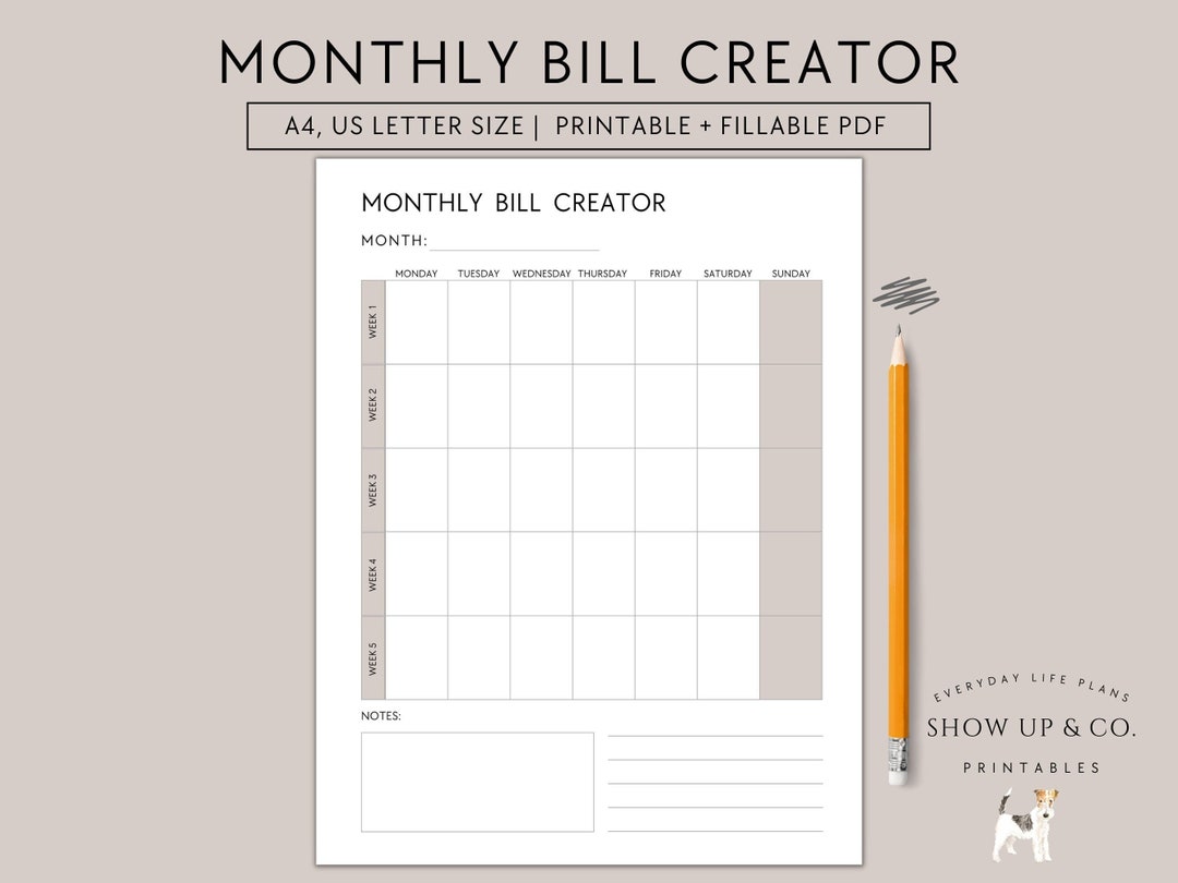 Monthly Bill Creator Calendar, Monthly Budget Planner Printable ...