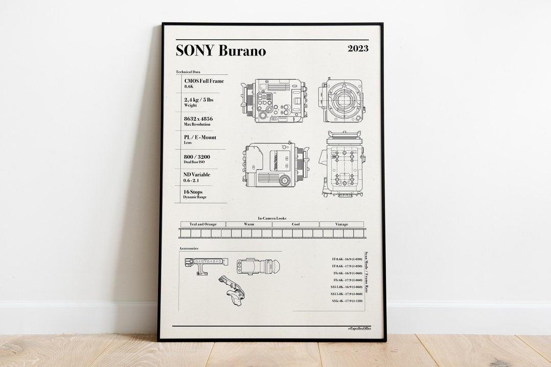 Poster Cinema Camera SONY BURANO, Minimal Illustration, With Technical ...
