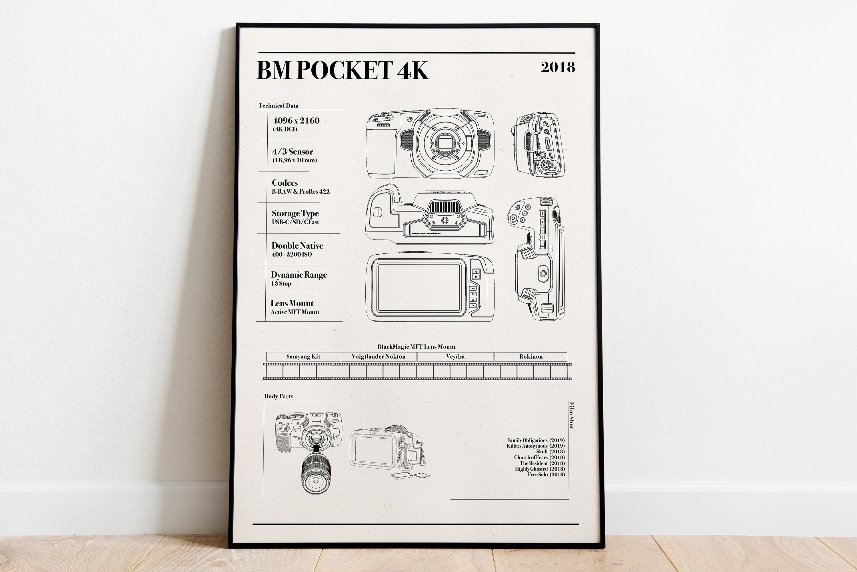 Poster Cinema Cameras, Bmpocket 4K, Minimal Illustration, a4/a3/a2 ...