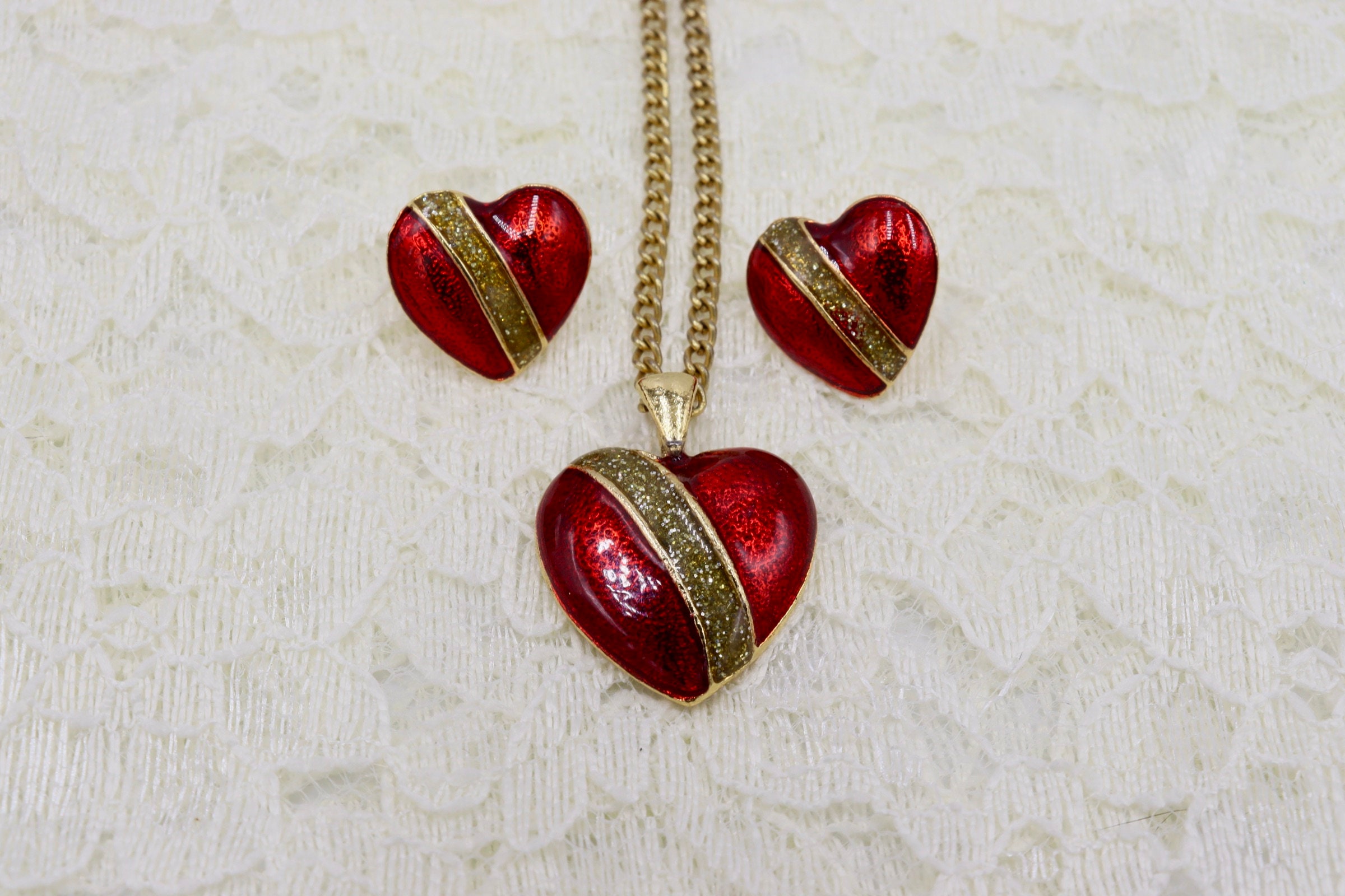 Vintage Royal Red Enamel Heart Necklace and Earrings Set - Etsy