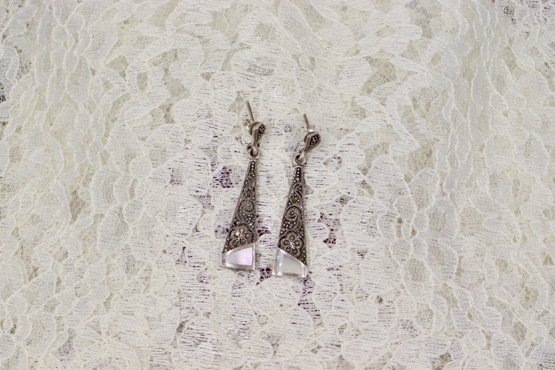 Sterling Silver Marcasite And Mother Of Pearl Dangle Earrings Etsy