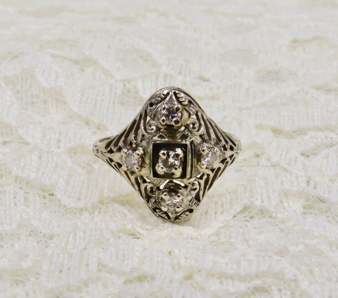 Vintage 18k White Gold Filagree Diamond Ring - Etsy