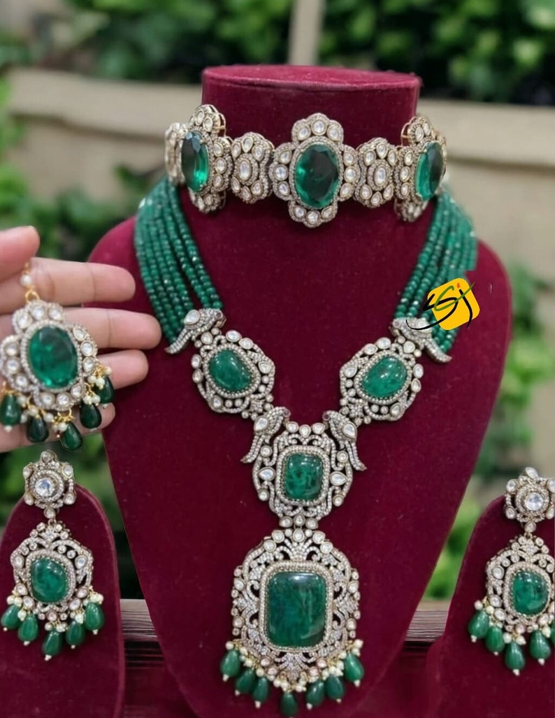 Royal Jewelry Set Sabyasachi Inspired Fine Quality Layered Long Emerald Green Faux Zirconium ...