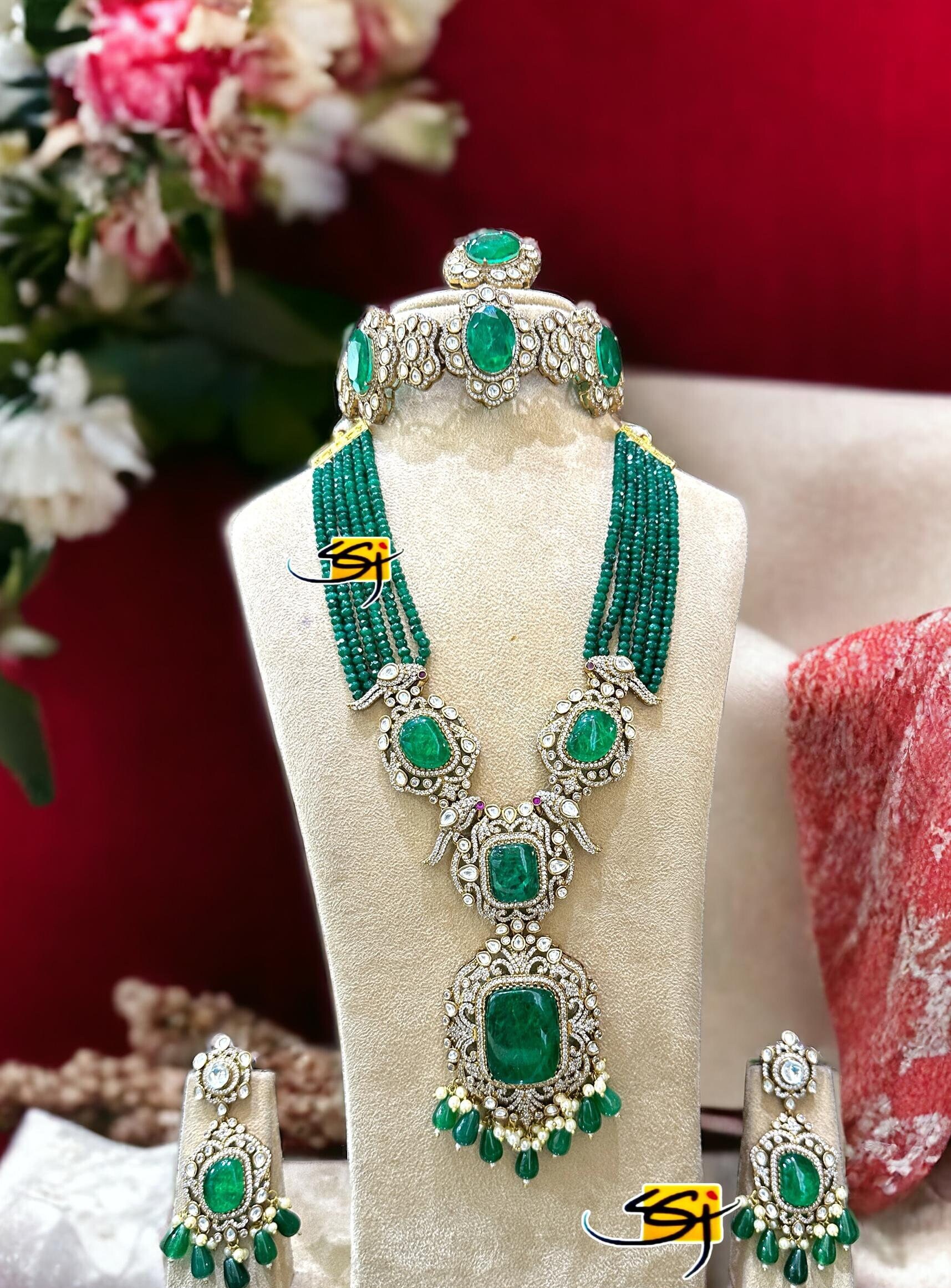 Royal Jewelry Set Sabyasachi Inspired Fine Quality Layered Long Emerald Green Faux Zirconium ...