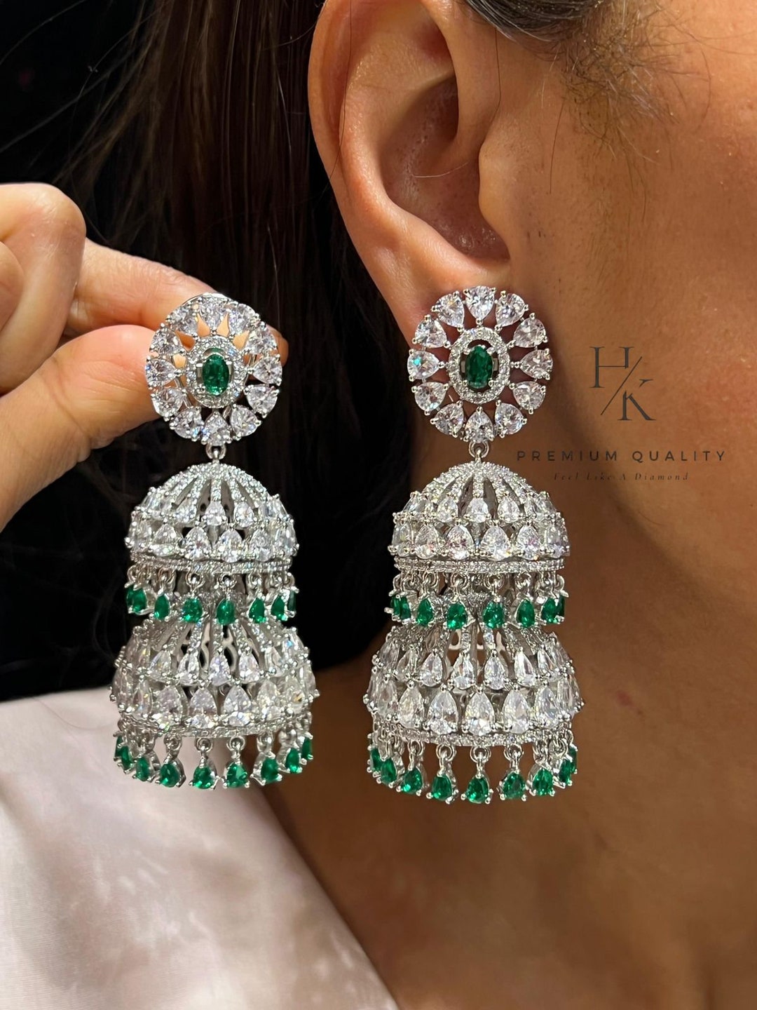 Silver Emerald Green Diamond Jhumki/diamond Jhumka/indian Jewelry ...