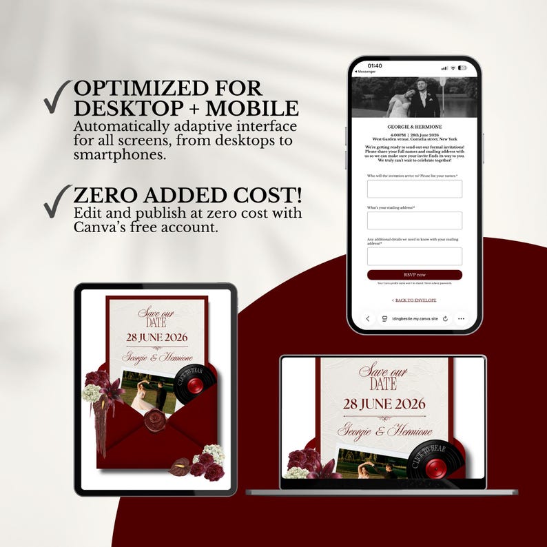 Burgundy Floral Digital Save the Date Template | Wedding Website With ...