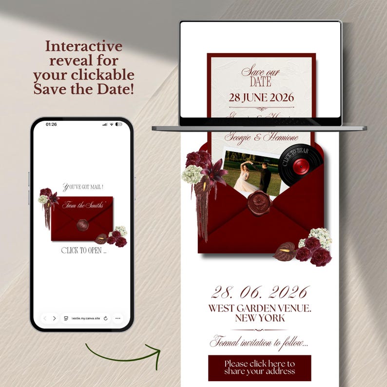 Burgundy Floral Digital Save the Date Template | Wedding Website With ...