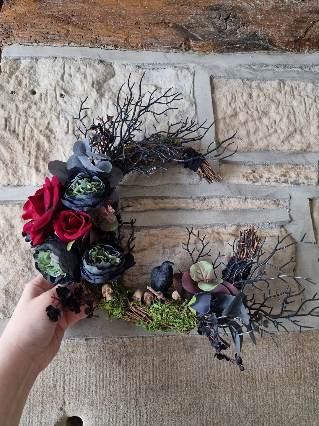 Raven Crescent Moon Crystal Wreath Handmade Wreath Halloween Samhain ...