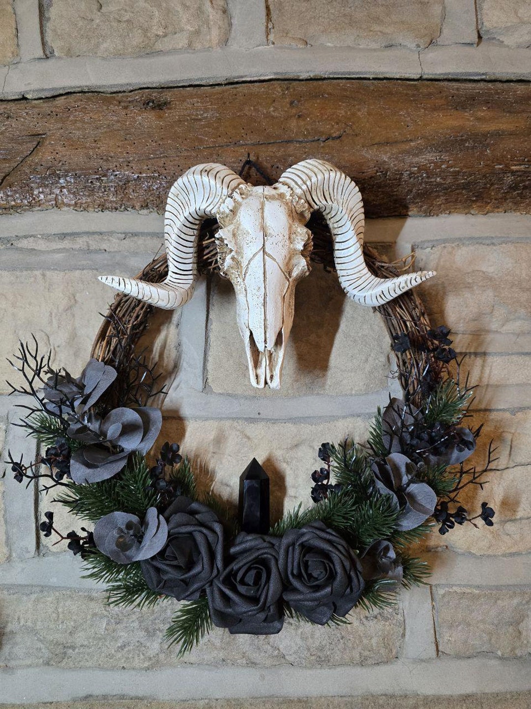 Gothic Handmade Crystal Wreath Witches Wreath Door Wreath Ram Skull ...