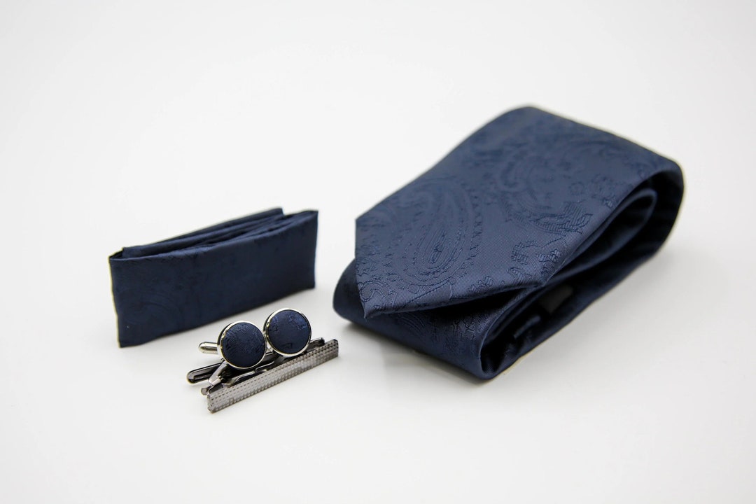 Mens Paisley Navy 4 Piece Tie Gift Set Pocket Square Tie Clip - Etsy UK