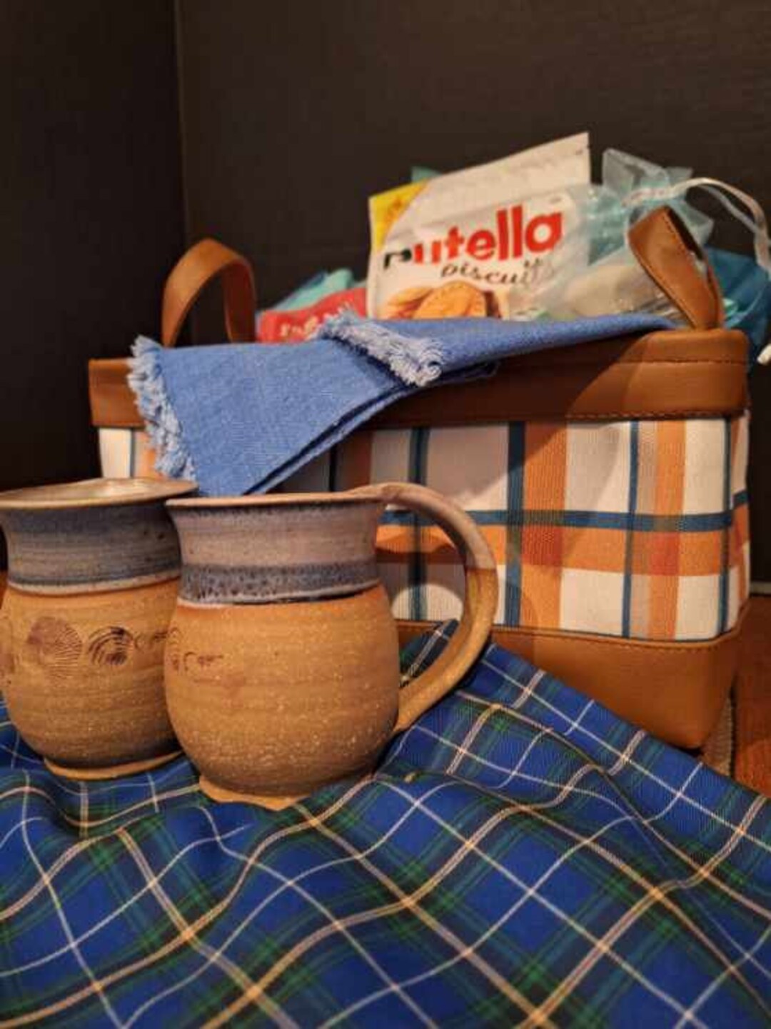 Coastal Gift Basket Handmade Pottery Mugs Tartan Cloth - Etsy
