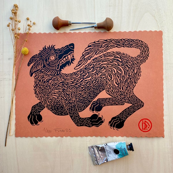 Wolf Linocut - Etsy