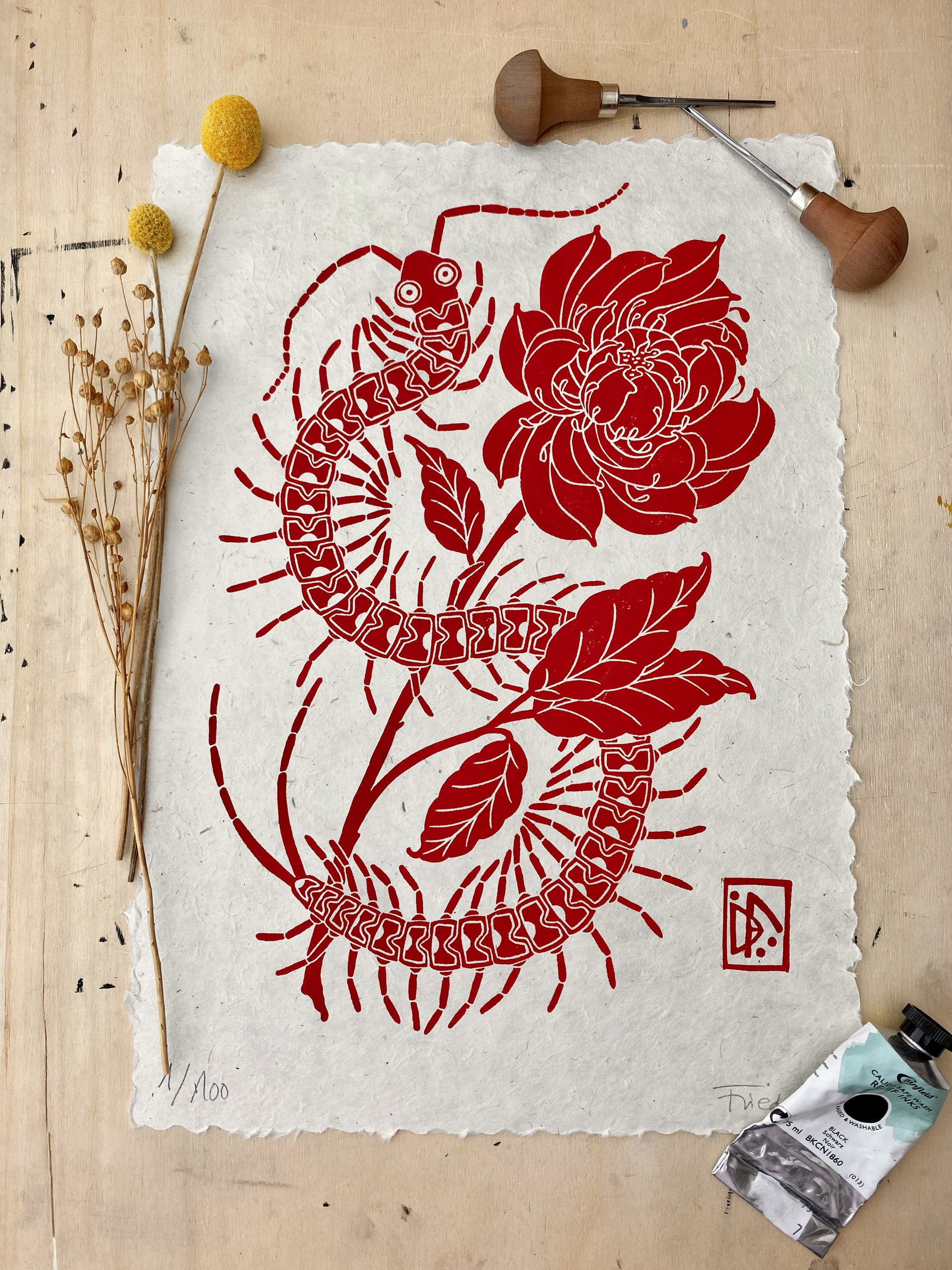 Centipede Original Linocut Handmade Linoprint Limited Edition Peony A3 ...