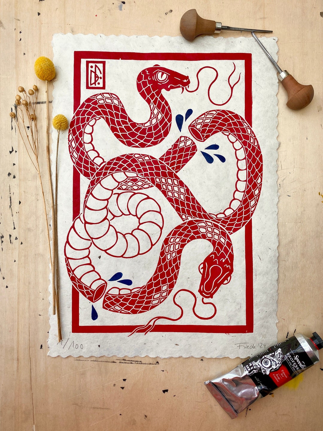 Double-headed Snake | Handmade Linocut | Limited Edition | Original ...