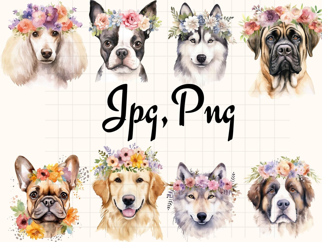 Watercolor Floral Dog PNG Clipart\ Dogs With Flower Crowns Blossom ...