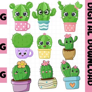 Cute Cactus SVG Clipart\ Cacti PNG Bundle\ Kawaii Cactus\ Cricut ...