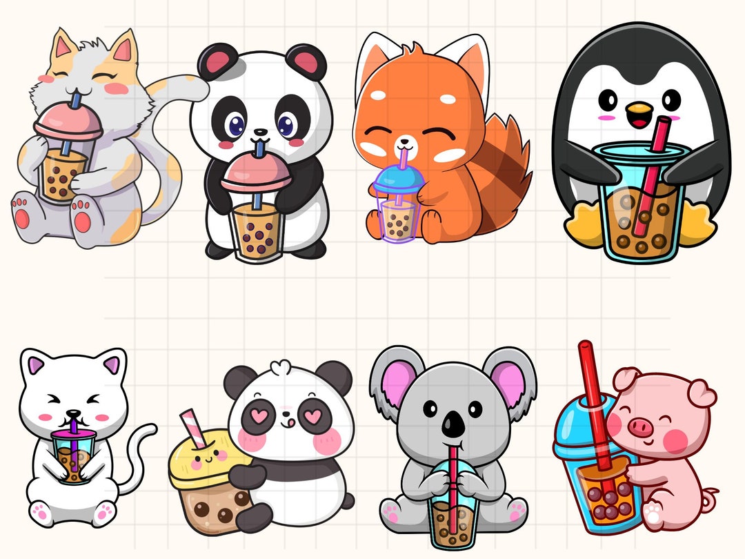 Cute Animals Drink Boba Tea Clipart\ Transparent PNG Bundle\ Set Kawaii ...