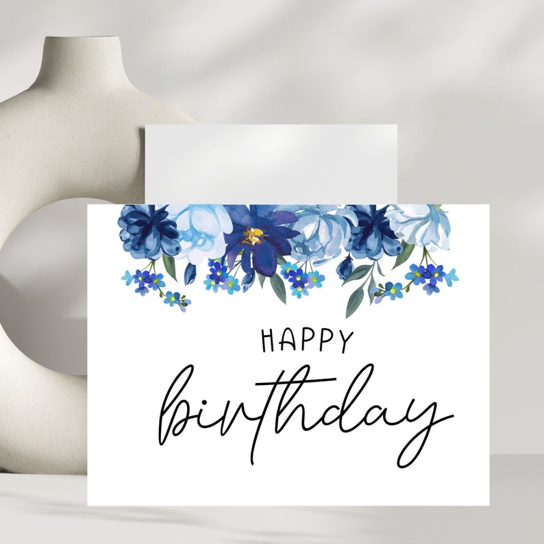 Floral Birthday Card: Printable Blue Flowers (PDF) - Etsy
