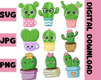 Cute Cactus SVG Clipart Cacti PNG Bundle Kawaii Cactus Cricut Cutting ...