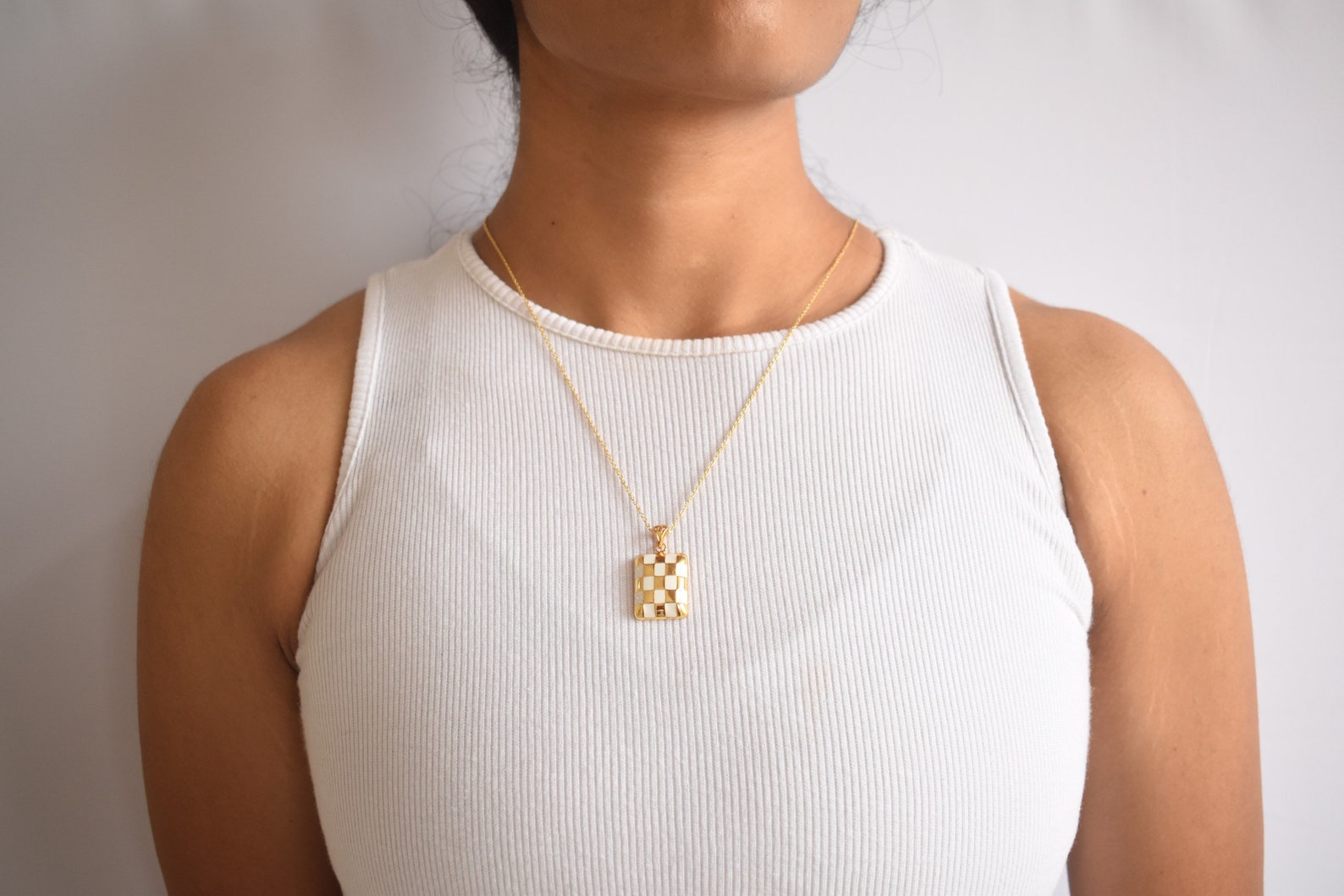 18K Gold Checkered Necklace Pendant With White Enamel, Bestseller ...
