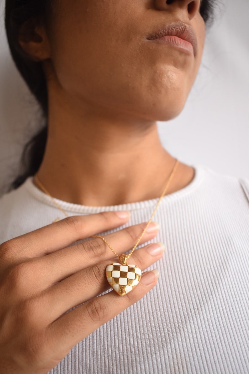 18K Gold Checkered Necklace Pendant With White Enamel, Bestseller ...