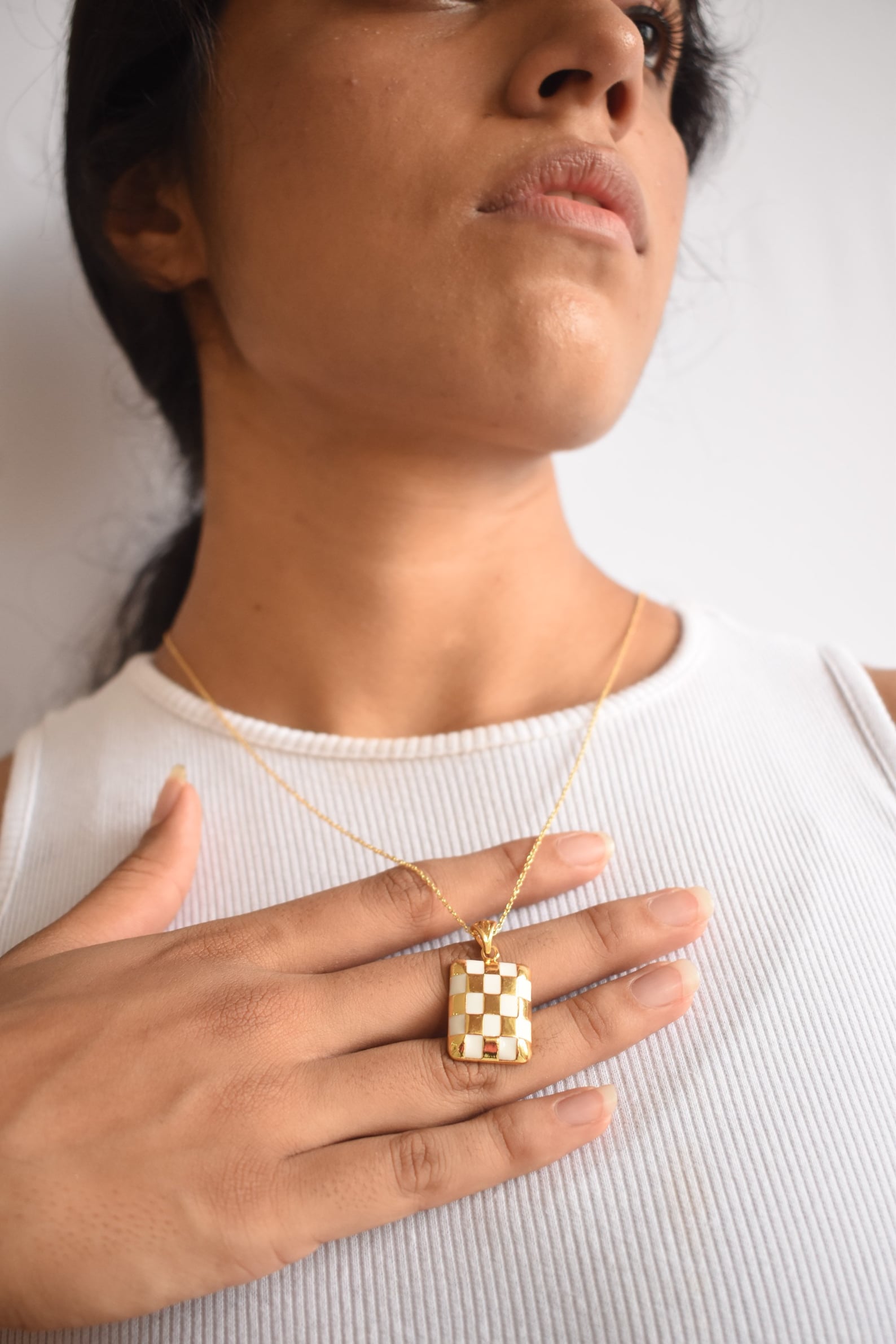 18K Gold Checkered Necklace Pendant With White Enamel, Bestseller ...