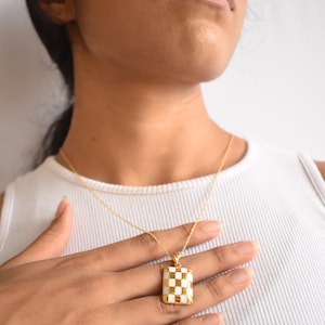 18K Gold Checkered Necklace Pendant With White Enamel, Bestseller ...