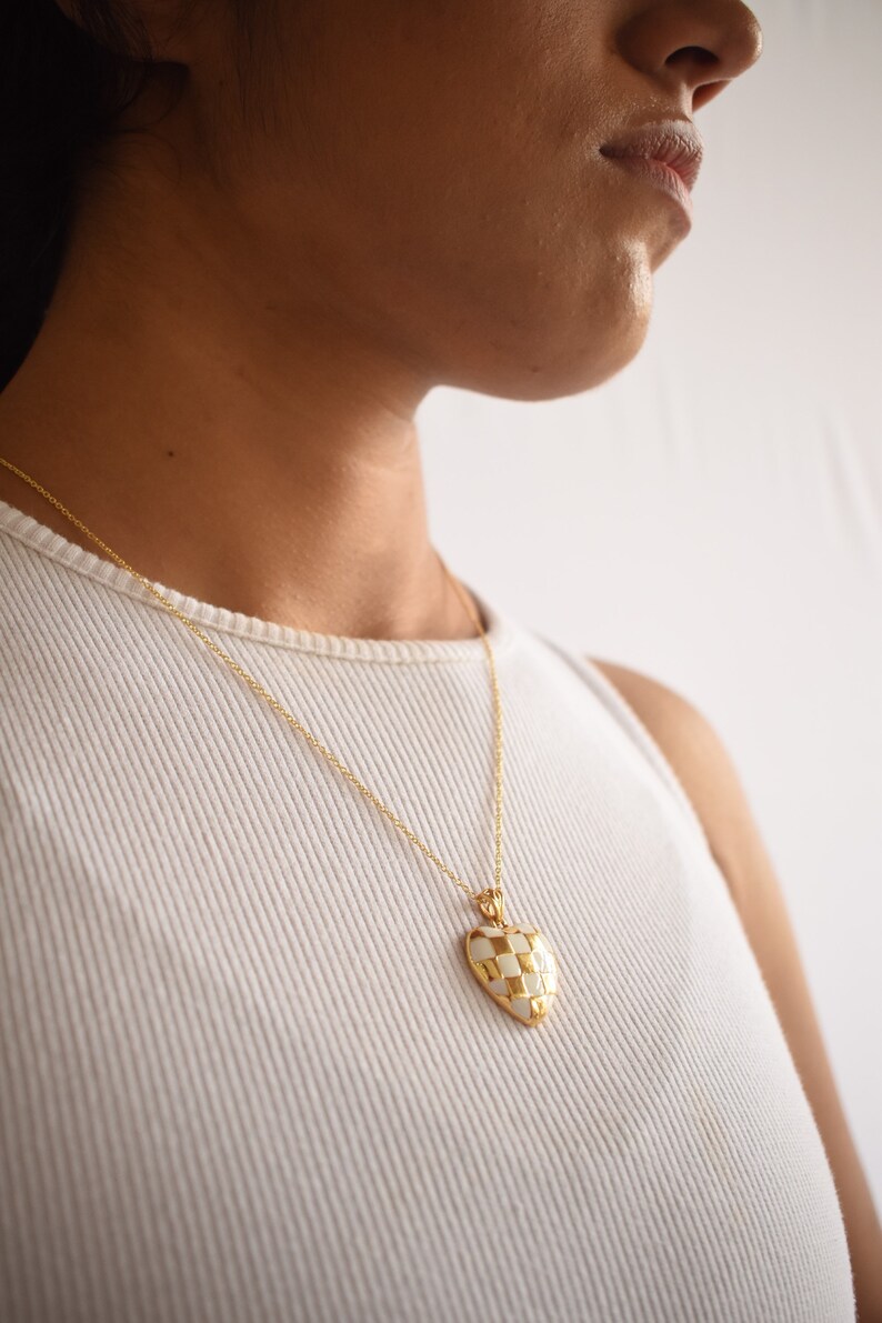 18K Gold Checkered Necklace Pendant With White Enamel, Bestseller ...