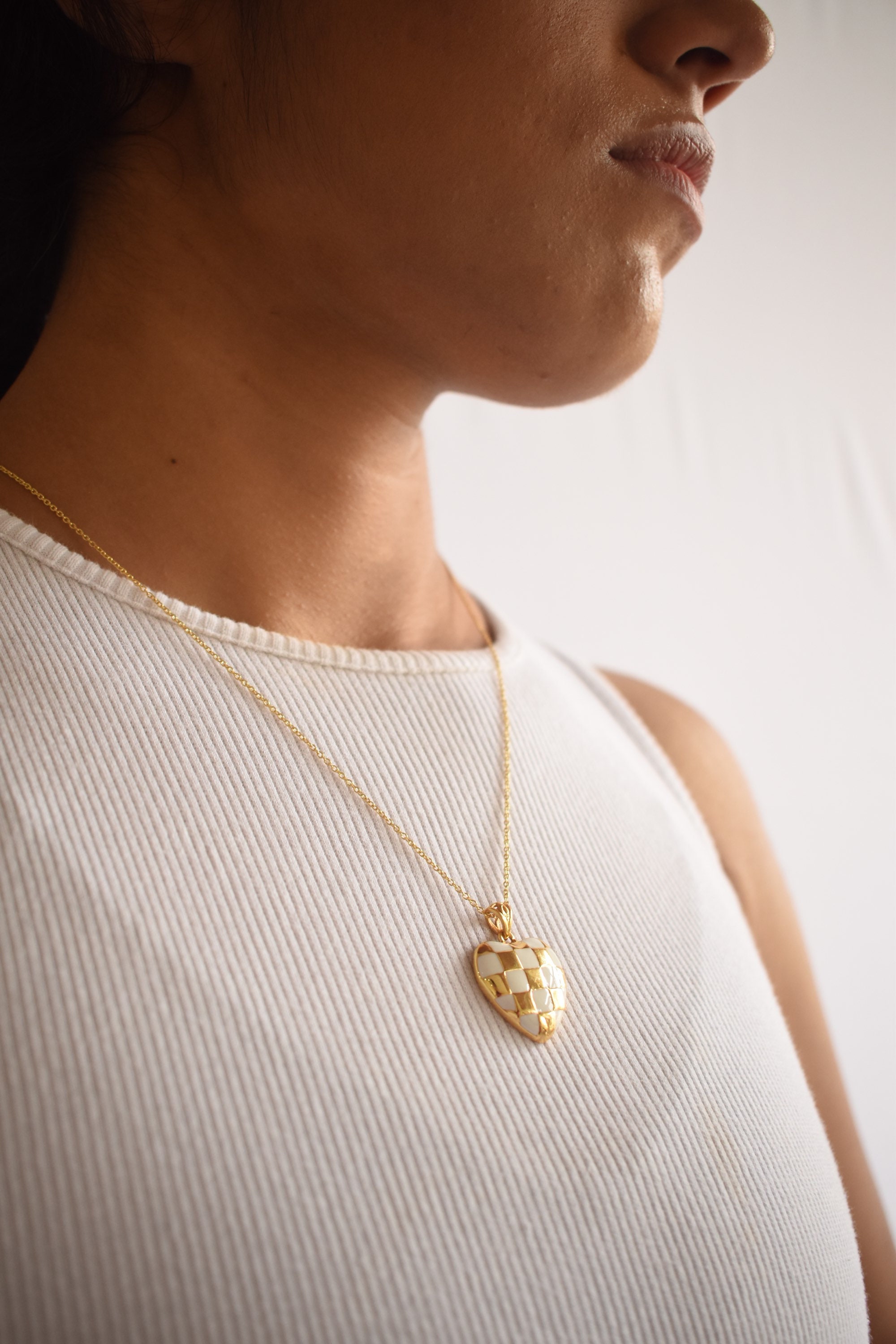 18K Gold Checkered Necklace Pendant With White Enamel, Bestseller ...