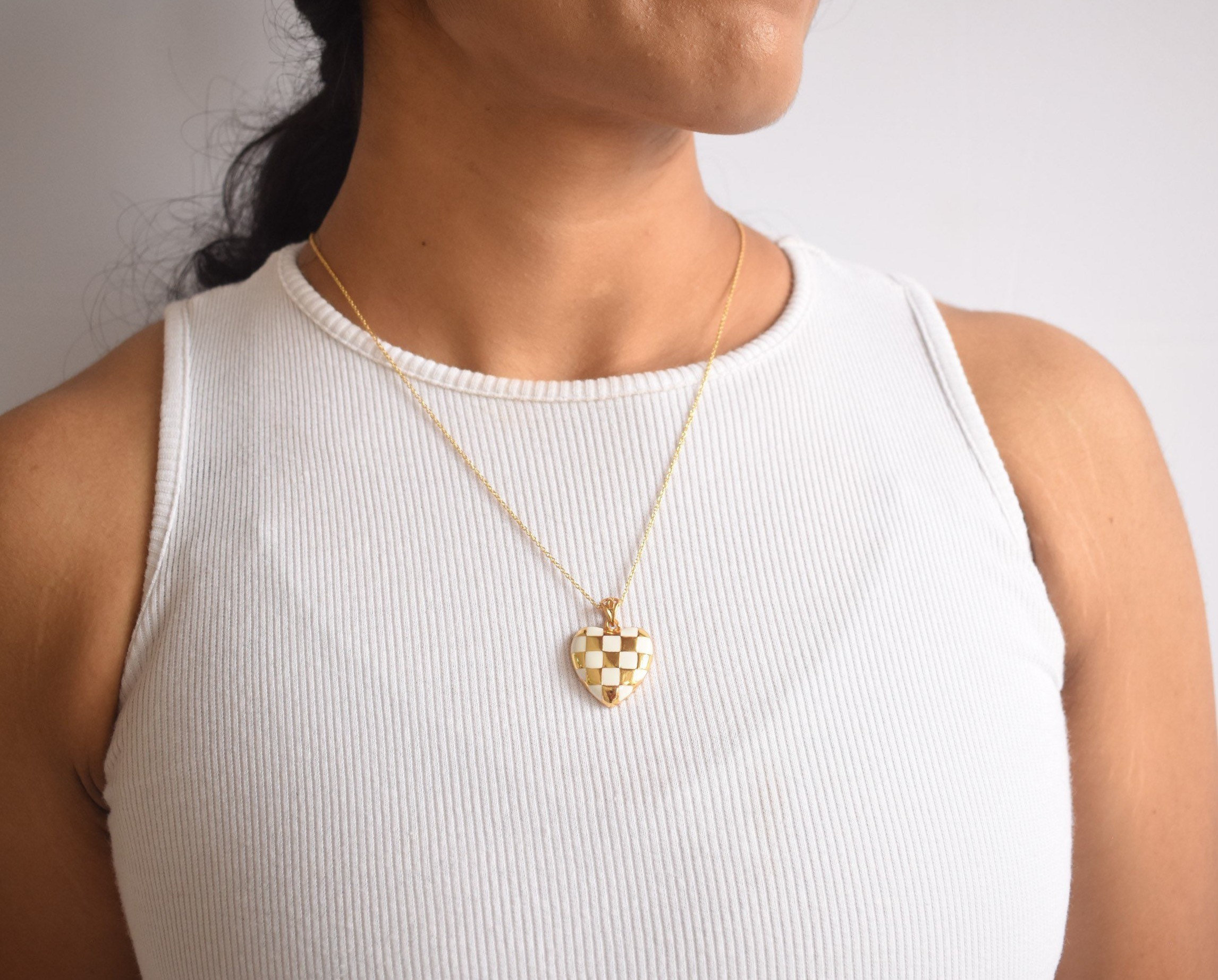 18K Gold Checkered Necklace Pendant With White Enamel, Bestseller ...