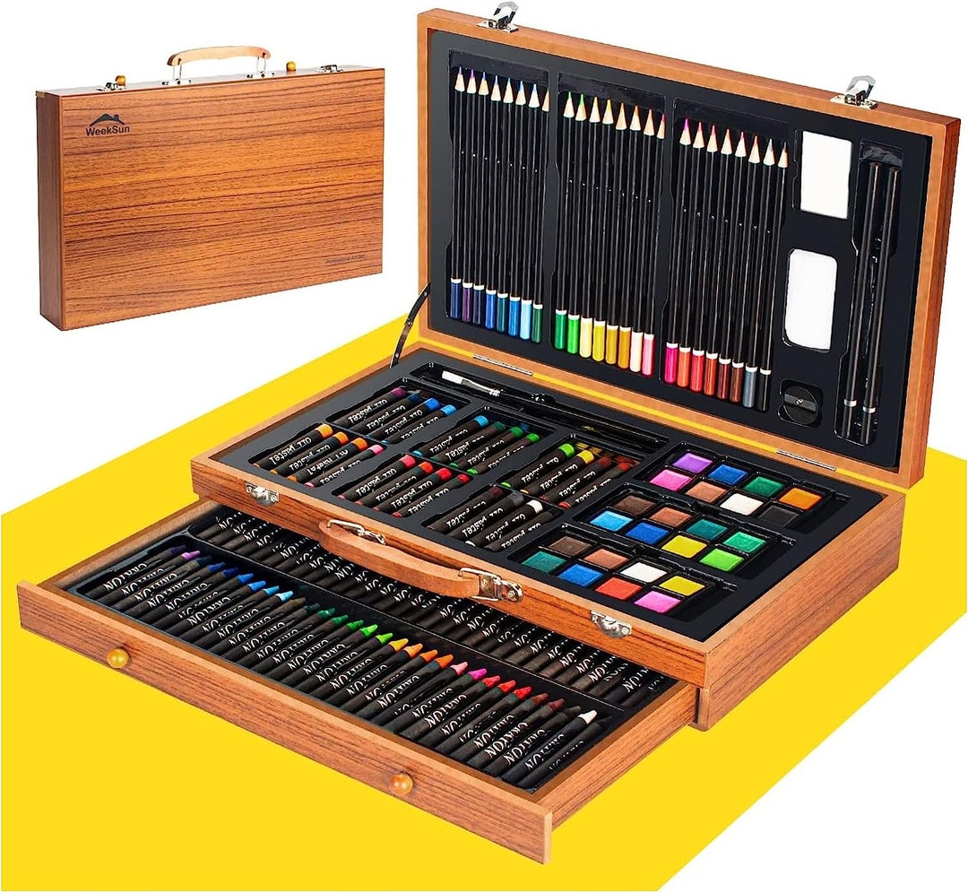 141 Pieces Deluxe Drawing Kit in Wooden Case With Crayons, Oil Pastels ...