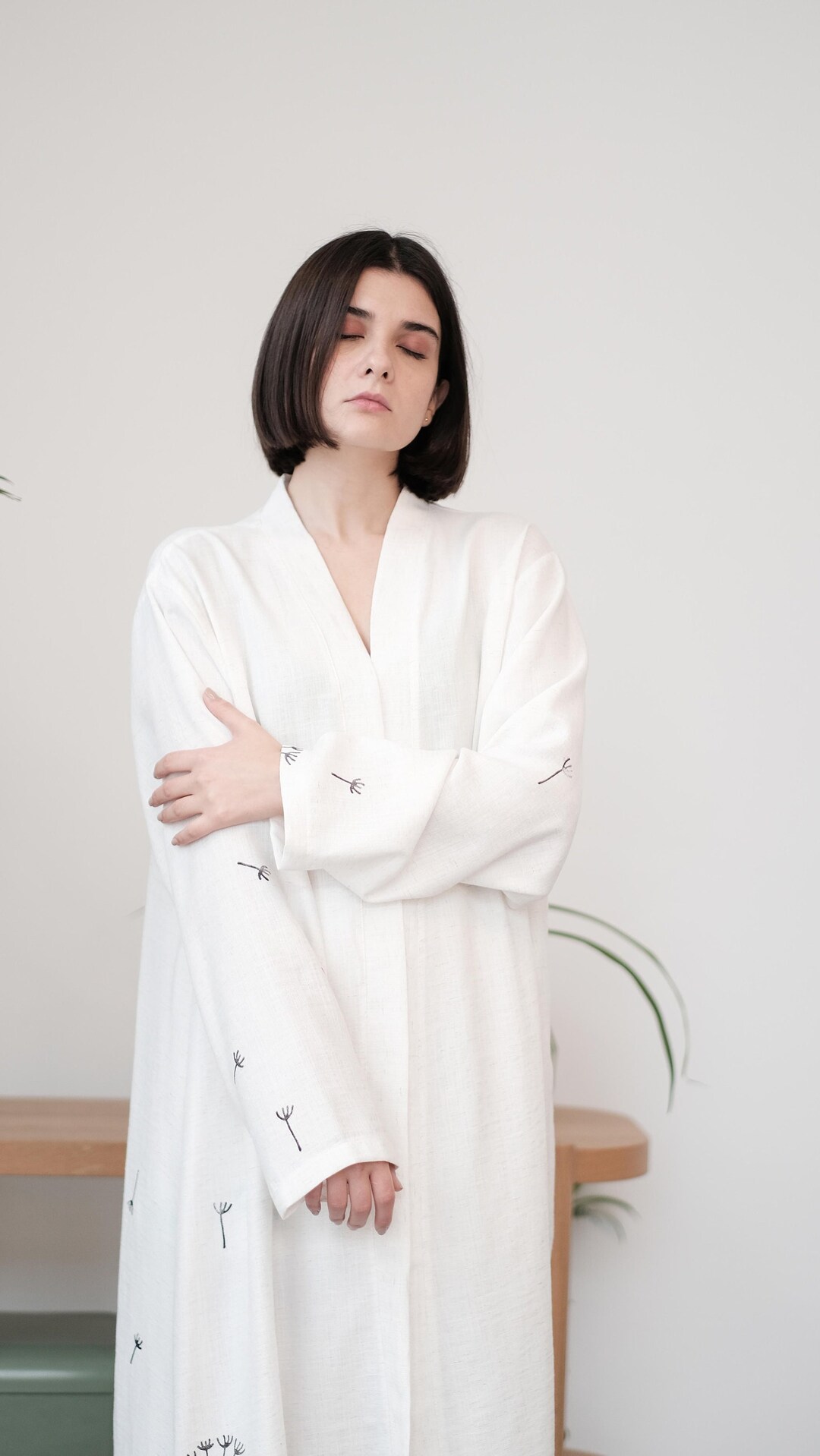 White Linen Kimono Robe, Oversized Floral Beach Cover-up, Lightweight ...