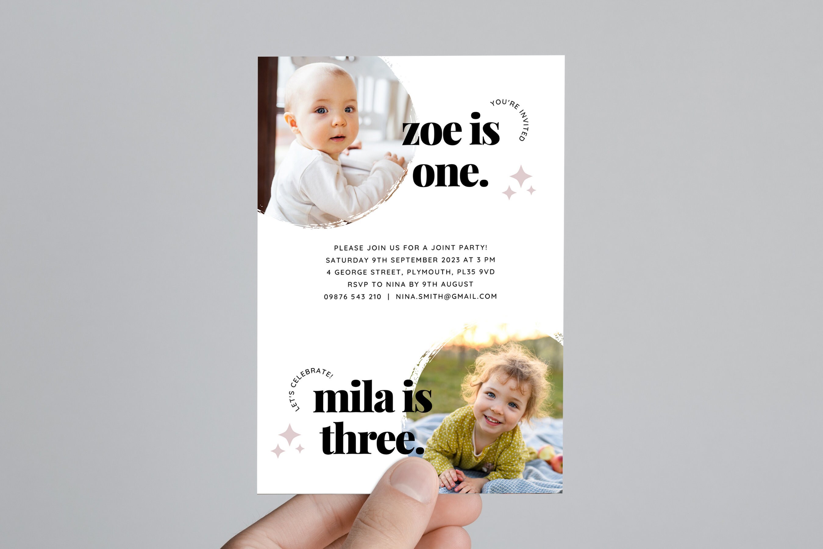 Modern Joint Birthday Invitation Template, Photo Invite (CANVA Template ...