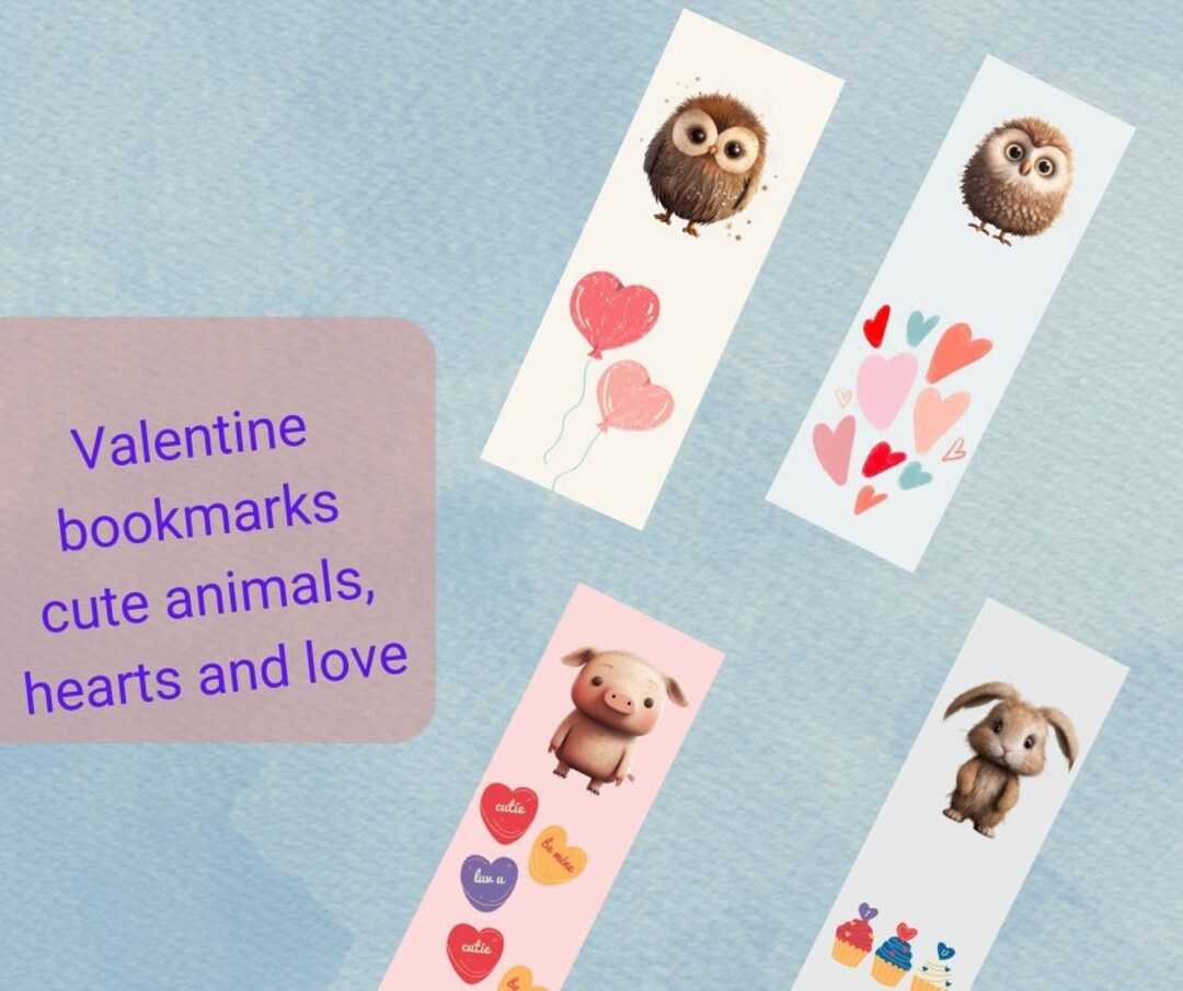 DIGITAL Valentine's Bookmarks Printable Valentines Cute Animals and ...