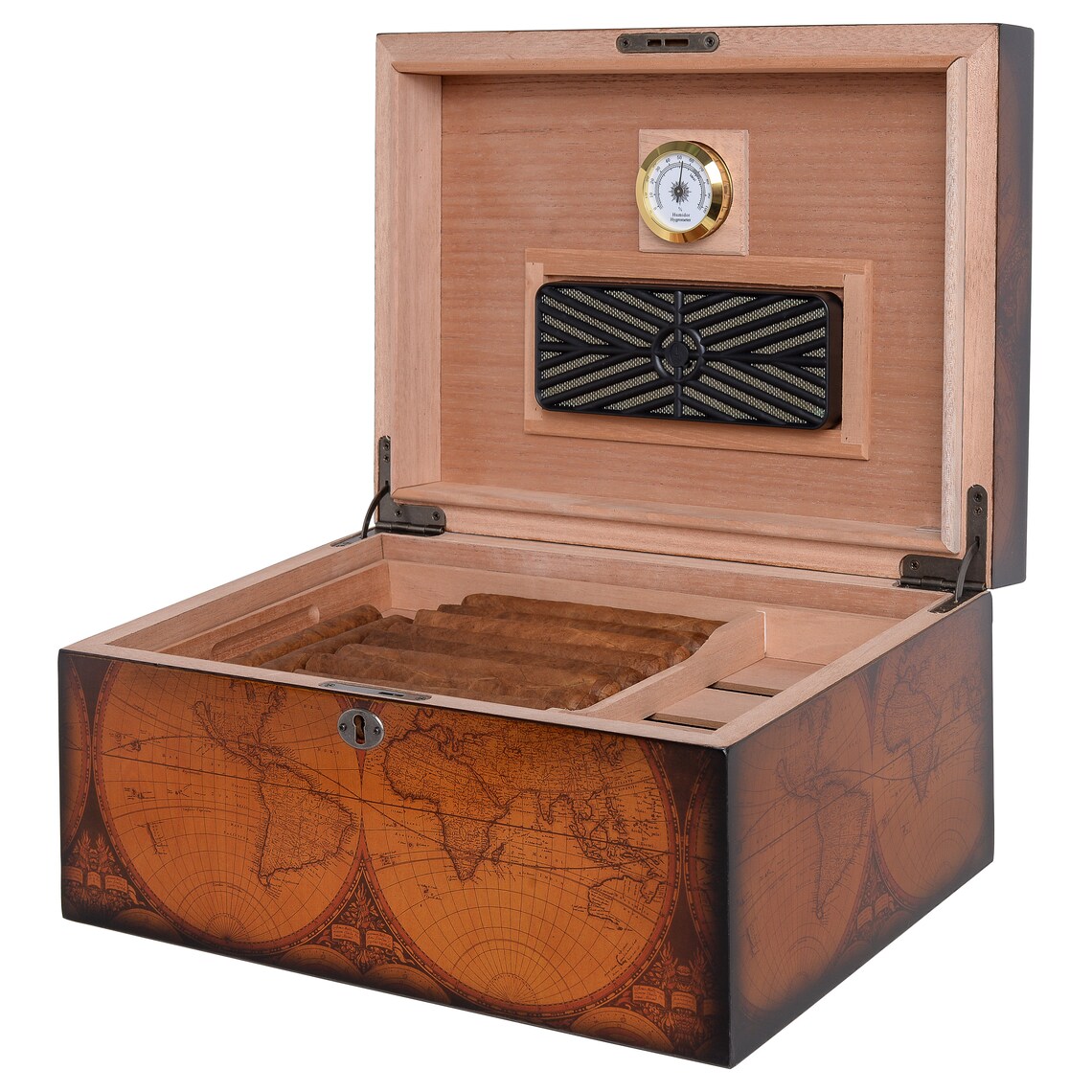 Old World Desktop Cigar Humidor, Walnut Finish, Spanish Cedar Tray, 3 ...