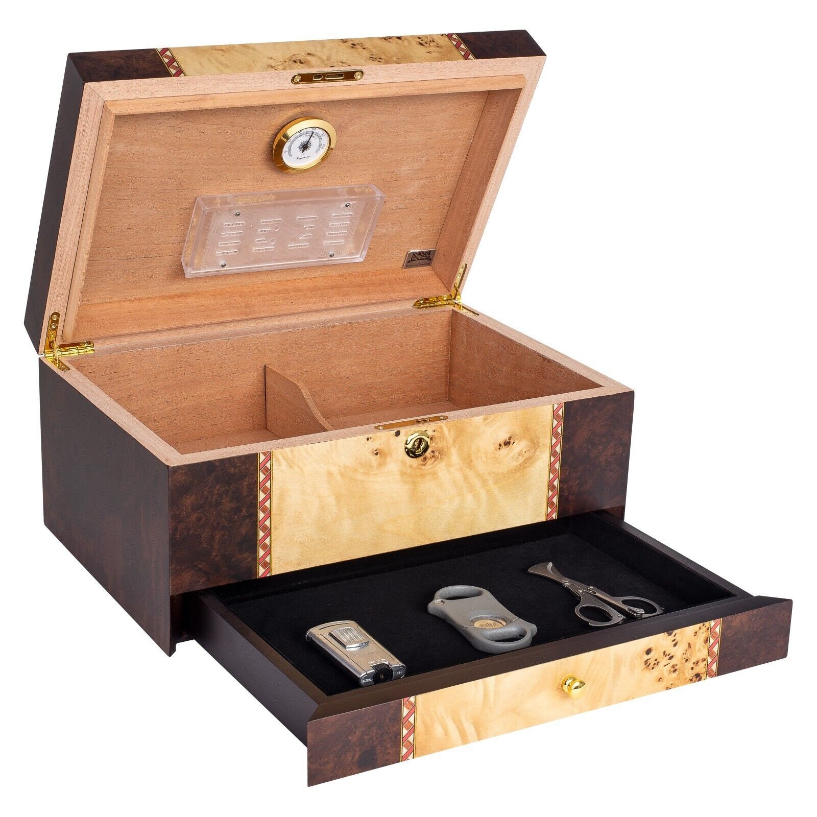 Florina Cigar Humidor Walnut and Mappa Burl Wood With Decorative Inlay ...