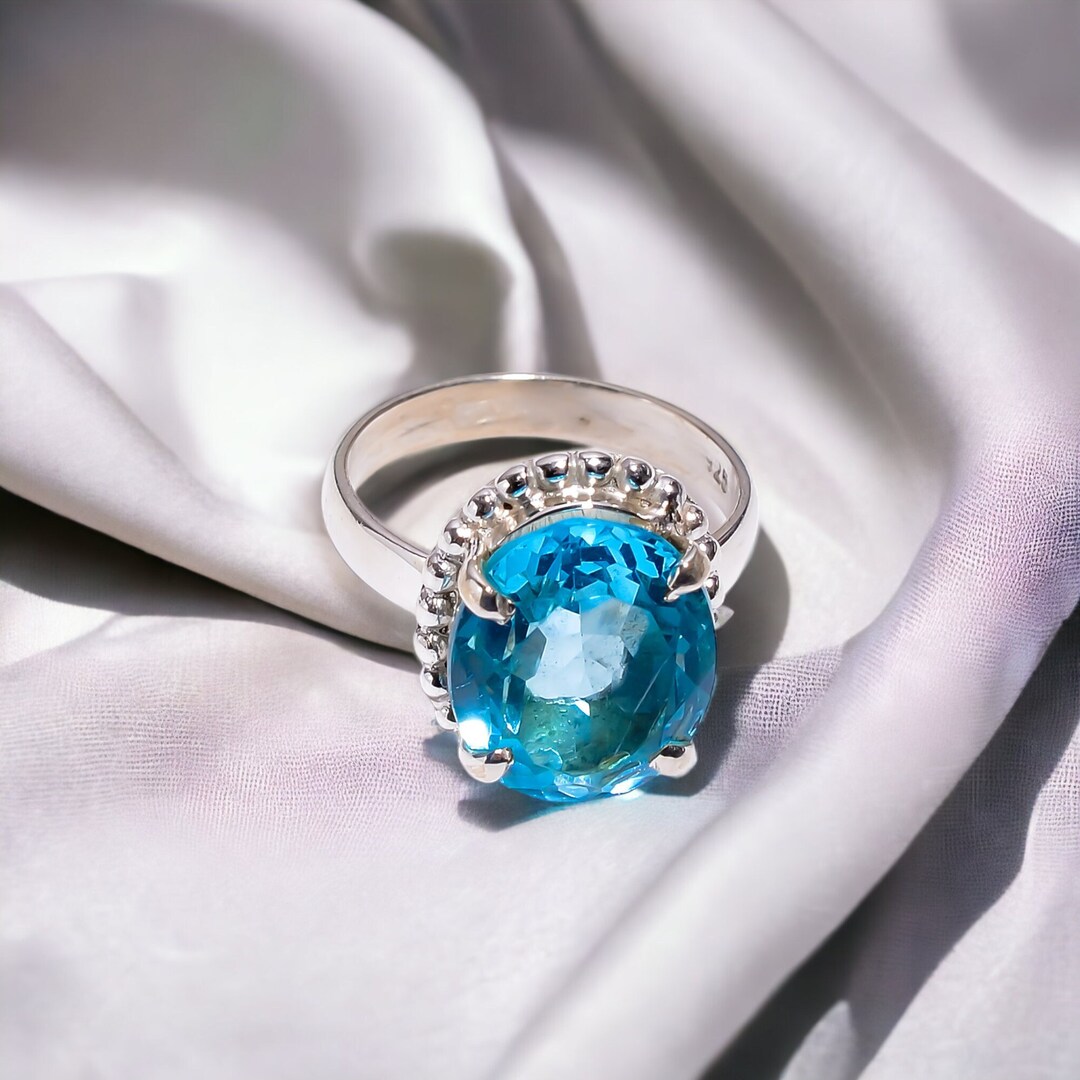 Swiss Blue Topaz Healing Crystal Ring, Gemstone Ring, Blue Statement ...