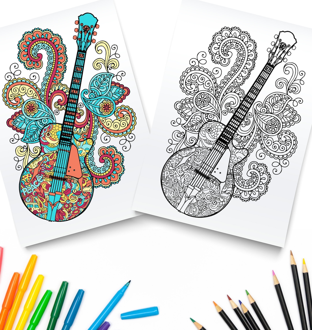 Hippie Guitar Printable Coloring Pages / Digital Download / Trippy ...